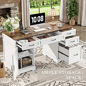 Alohappy 55'' Farmhouse Executive Desk, Home Office Desk with Drawers, Wood Computert Desk with File Cabinet and Power Outlets, White