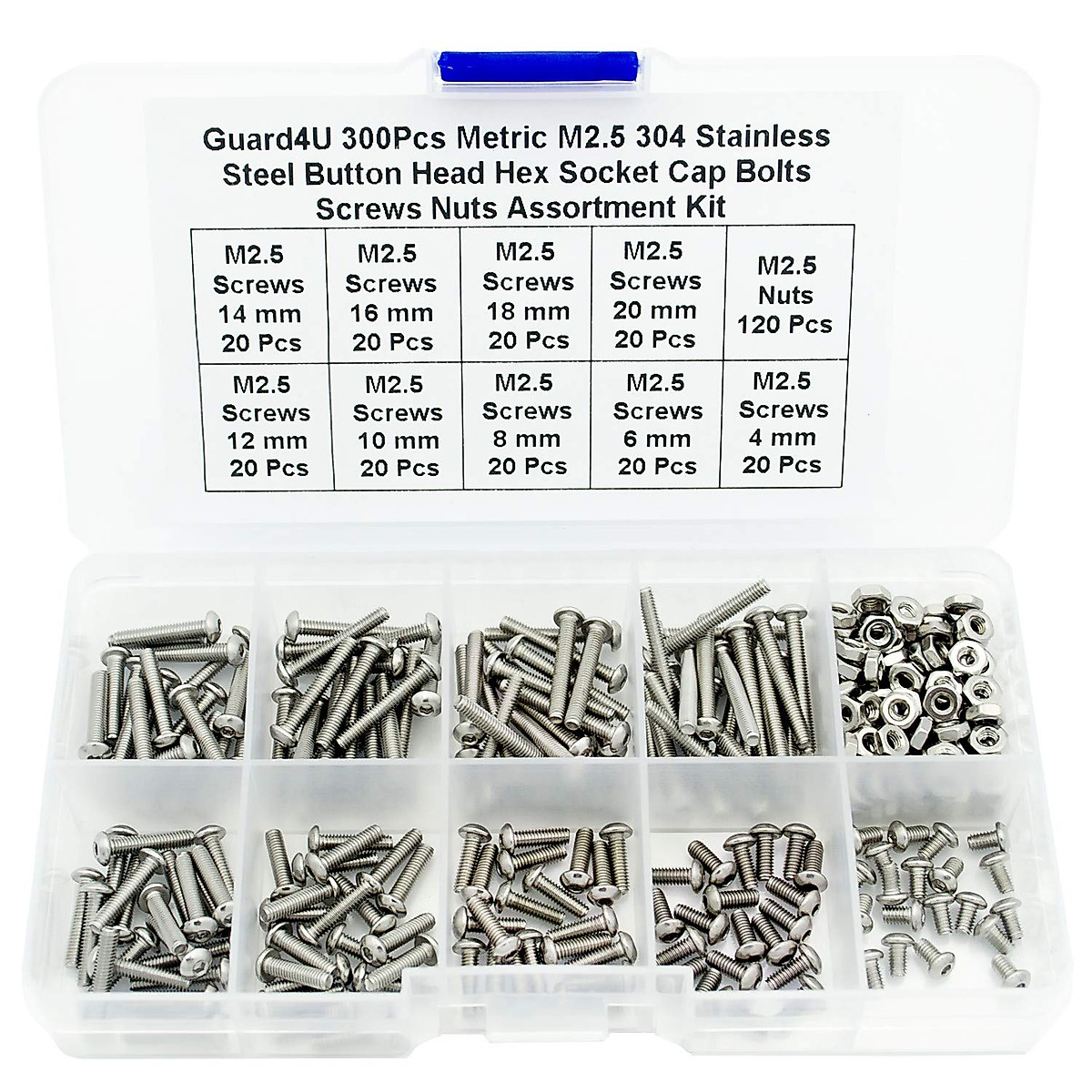 Guard4U 300Pcs Metric M2.5 304 Stainless Steel Button Head Hex Socket Cap Bolts Screws Nuts Assortment Kit- M2.5 x 4mm/ 6mm/ 8mm/ 10mm/ 12mm/ 14mm/ 16mm/ 18mm/ 20mm