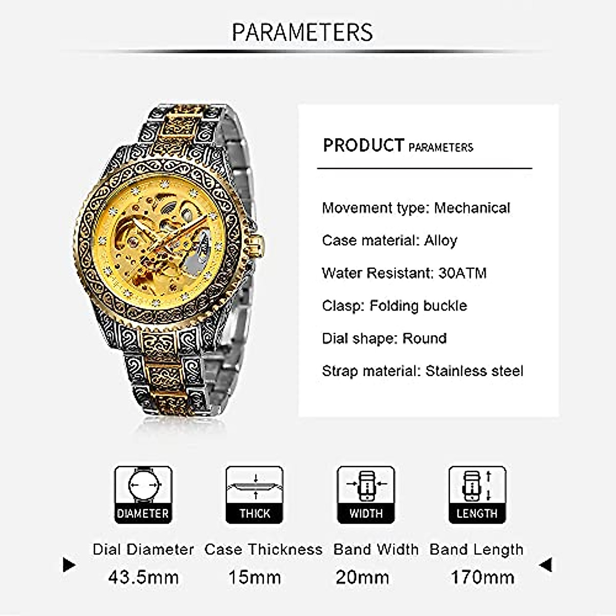 Luxury Men Automatic Mechanical Wristwatch Waterproof Stainless Steel Diamond Watch Golden Skeleton Men's Clock
