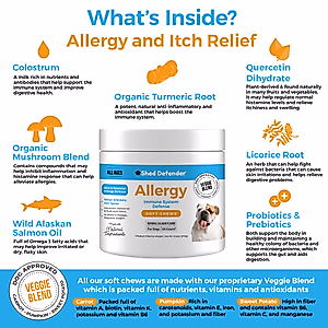 Shed Defender All Natural Allergy Relief & Probiotics Soft Chew Supplements for Dogs - Veterinarian Formulated Anti Itch & Hot Spots Omega 3 Fish Oil, Colostrum - 90 ct.