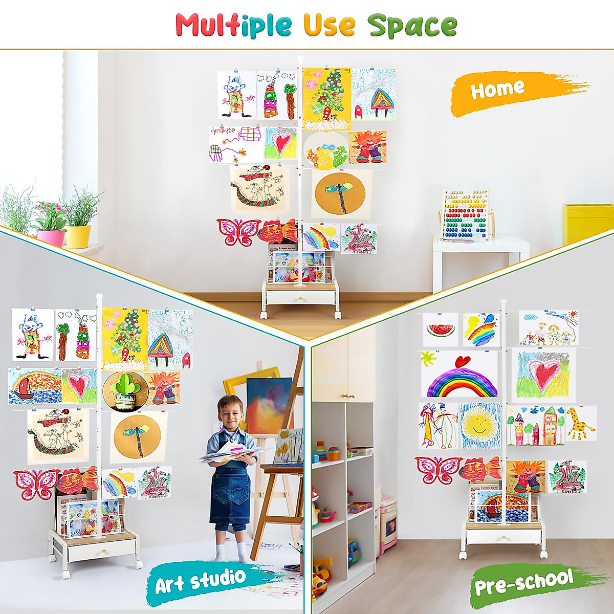 Bikoney Art Display for Kids Artwork-(30 Clips -Total 12ft Wire)-Kids Art Display-Art Drying Rack-Floor Picture Hanging System Kit for Drawing/Photo/Card/Picture Collage Display