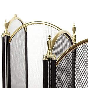 AMAGABELI GARDEN & HOME Decorative Gold Fireplace Screen 4 Panel Folding Ornate Wrought Iron Black Metal Fire Place Free Standing Gate Large Mesh Solid Steel Spark Guard Cover Outdoor Accessories