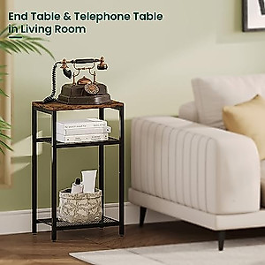 Yifeel Side Table Set of 2, 3 Tier End Table with Storage, Tall Telephone Table, Night Stand for Small Spaces, Sturdy Metal Frame, Living Room, Bedroom, Rustic Brown and Black JET001NSR2