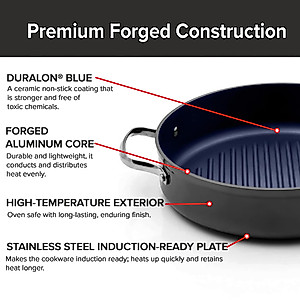 Nuwave 3Qt Skillet Forged Grill Pan, Tempered Glass Lid, G10 Healthy Duralon Blue Ceramic Ultra Non-Stick Coating, Oven & Dishwasher-Safe, Induction & Stove, Evenly Heats & Durable, Gray, PFAS Free