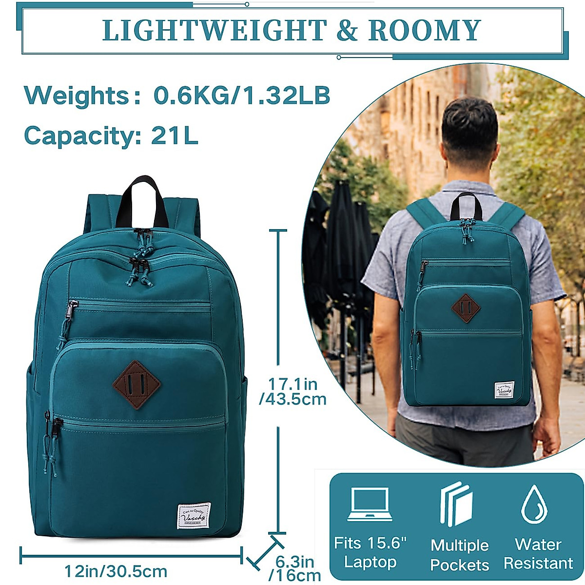 VASCHY School Backpack, Unisex Large Bookbag Schoolbag Casual Daypack for High School/College/Teens/Travel/Work for Men Women