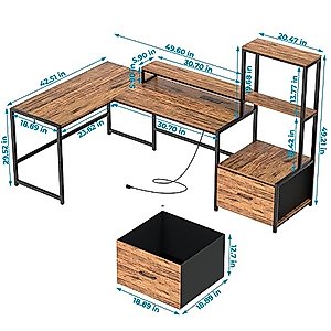 GreenForest 70 in L Shaped Desk with Drawers and Printer Stand and Queen Size Bed Frame Easy Quick Assembly
