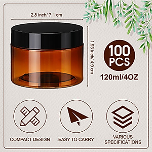 Tanlade 100 Pcs 4 oz Amber Plastic Cosmetic Jars with Lids Empty Leak Proof Container Round Airtight Refillable Cosmetic Jars for Cream, Lotion, Powder, Ointment, Beauty Products Travel Storage