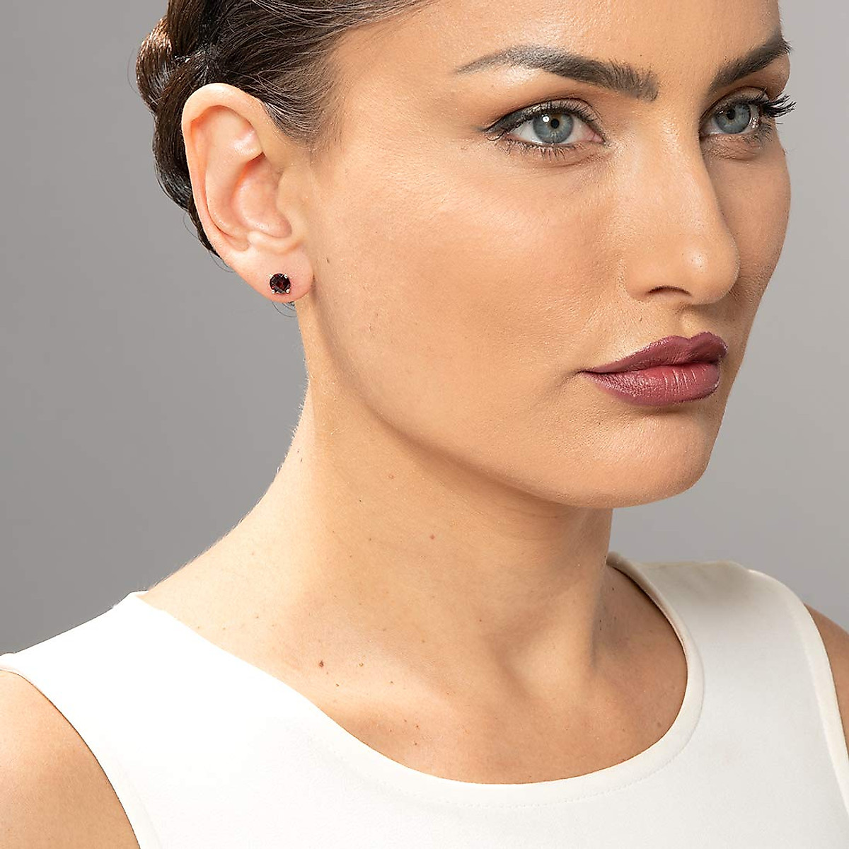 Peora Solid 14K White Gold Garnet Solitaire Stud Earrings for Women, Hypoallergenic 2.25 Carats total Round Shape AAA Grade, January Birthstone, Friction Backs