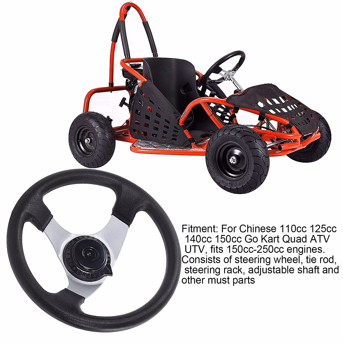 Vomeko Kart Steering Wheel Assembly - Gear Rack Pinion Adjustable Shaft Set with 300mm Steering Wheel Steel Kit for 150cc-250cc Engines Go Kart Steering System Replacement