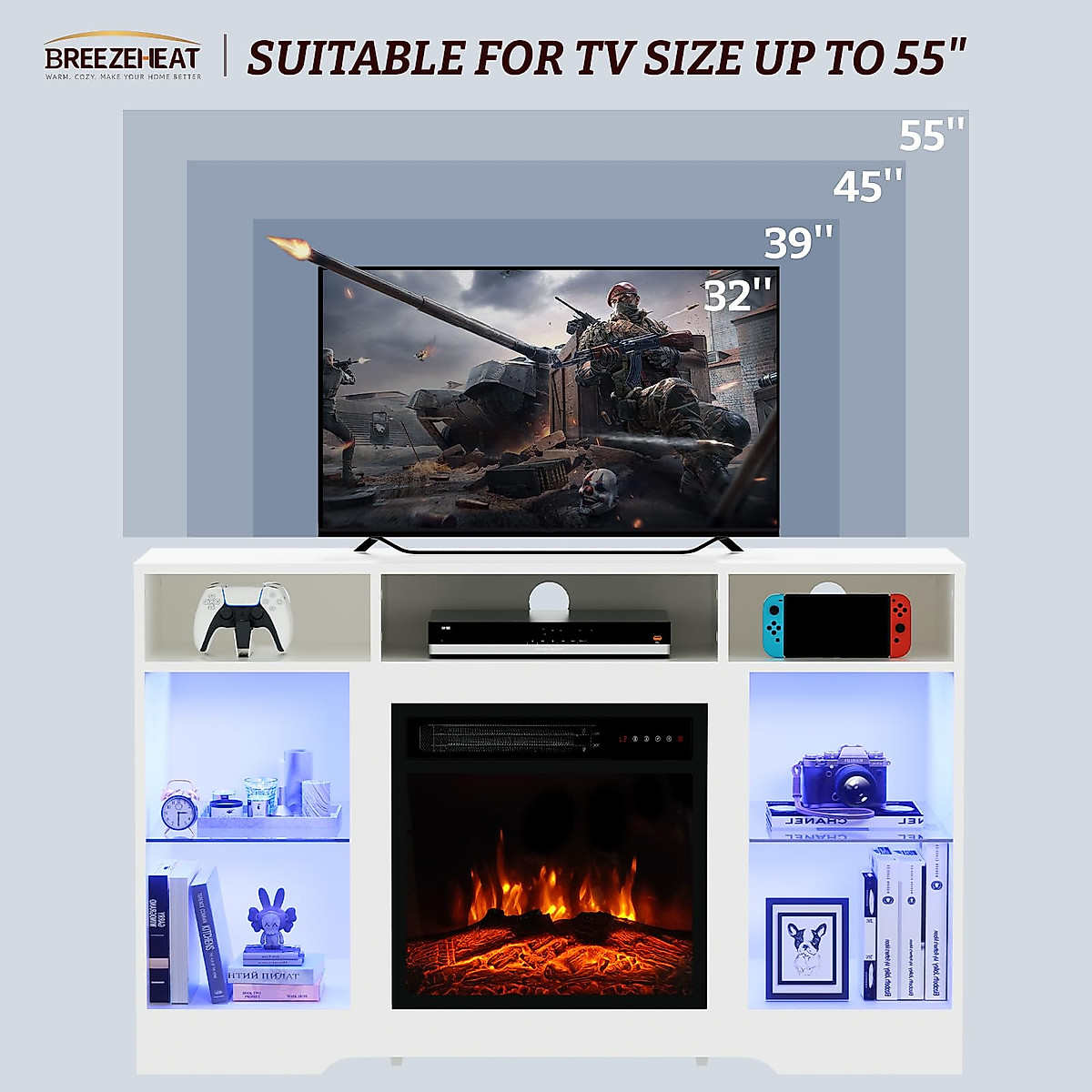 BREEZEHEAT Fireplace TV Stand for TVs Up to 55"-Led Entertainment Center-47 inch TV Stand with 18" Electric Fireplace-Bedroom Wooden TV Cabinet with Glass Shelves, Modern Media Console (White)