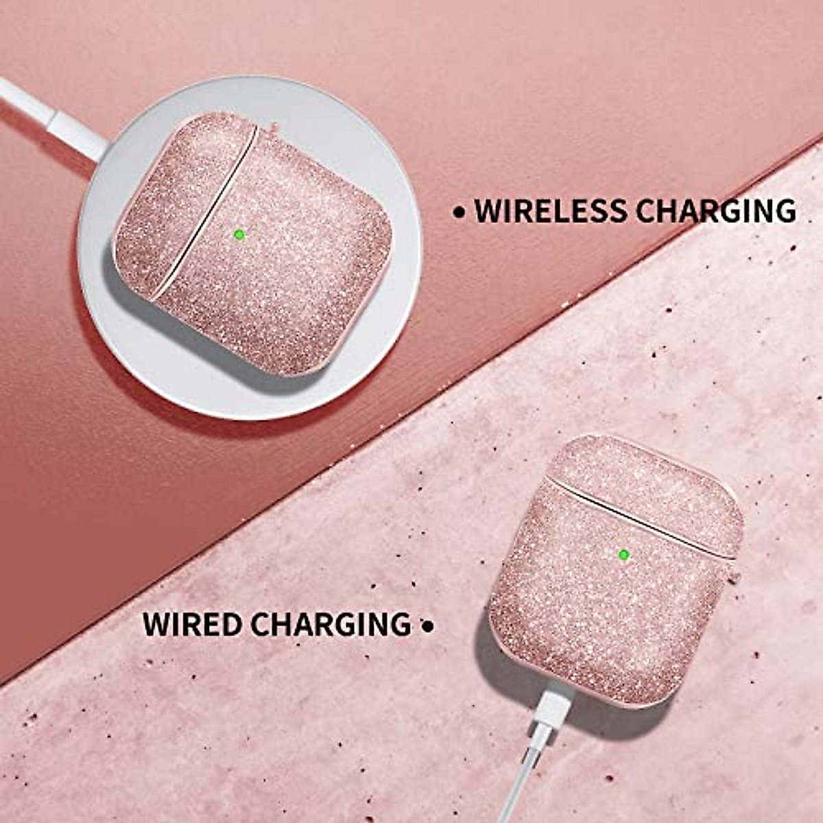 MOLOVA Bling Case for Airpods 1&2 Case,Hard Cover Glitter Rose Gold Luxury Leather with Gold-Plated Frame Shock Proof Cover with Keychain（Rose Gold）