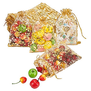 PH PandaHall 50pcs 5 x 7 Inches Golden Rose Flower Printed Organza Bags Jewelry Pouch Bags Wedding Favors Bag Organza Drawstring Pouches Wedding Favors Candy Gift Bags