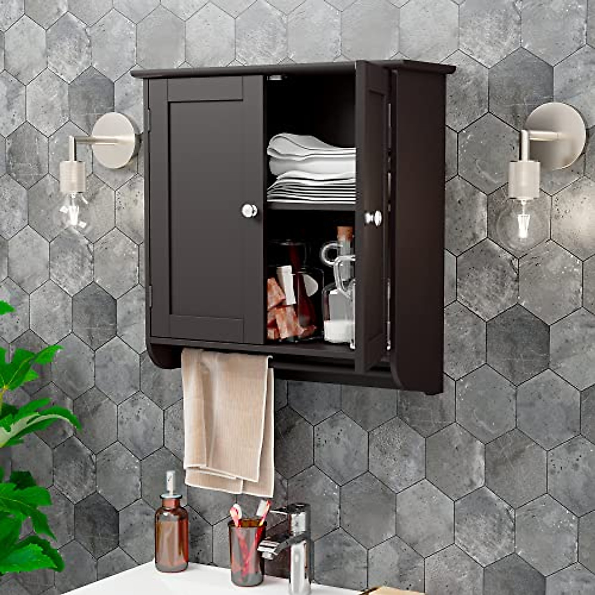 MOIDEI Bathroom Cabinet with Towel Bar, Over The Toilet Storage Cabinet, Black Wall Cabinet with Adjustable Shelf, 23.6"x8.3"x24.4" MDF Medicine Cabinet, 2 Doors Wood Cabinet for Kitchen,Laundry Room