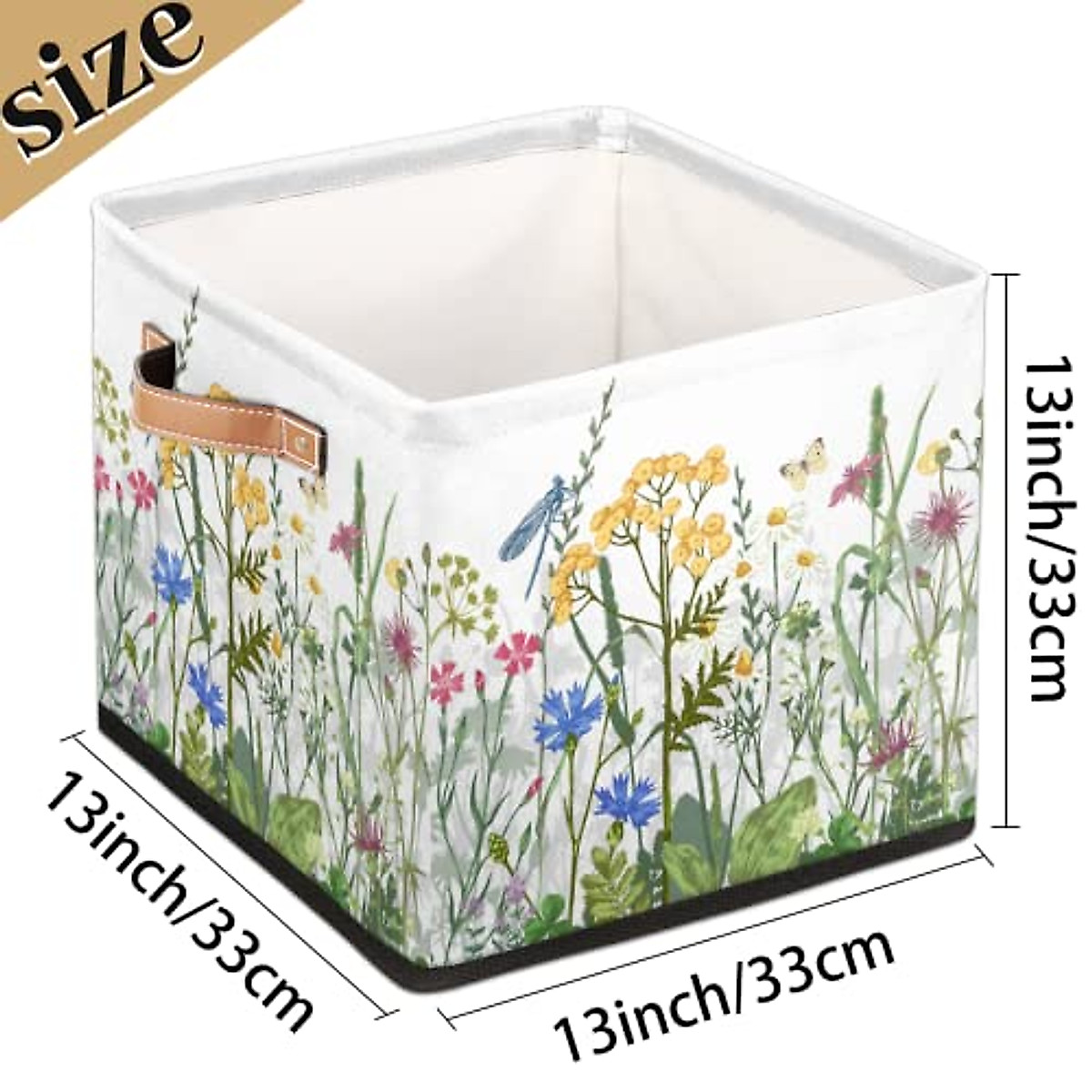 Storage Basket Dragonfly Spring Flower Butterfly Plant Collapsible Storage Bin with Handles Large Canvas Storage Cubes Toy Basket for Shelves Closet Nursery Cabinet Living Room Organizer 13x13x13"