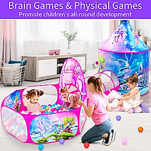3 in 1 Kids Play Tent for Toddler with Play Tunnel+Baby Ball Pit+Castle Tent, Pop Up Unicorn Kids Playhouse for Boys and Girls Gift, Collapsible Children Play Tent Toy Indoor and Outdoor Play Games