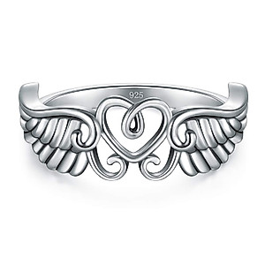 BORUO 925 Sterling Silver Ring High Polish Heart Angel Wings Ring Size 11