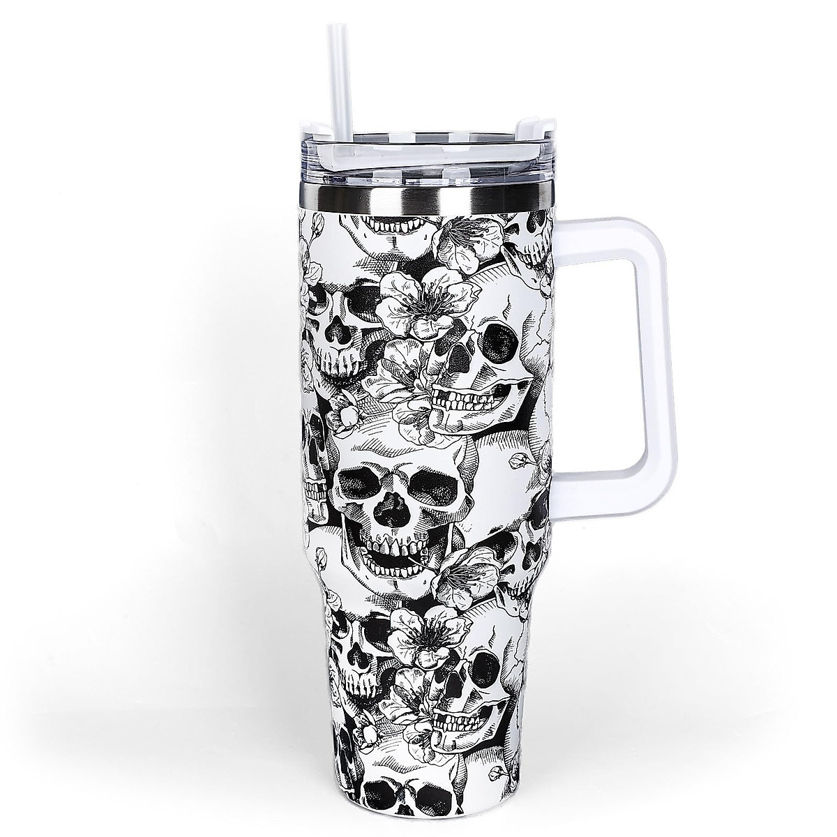 Whaline 40oz Halloween Tumbler with Straw and Lid Skull Travel Coffee Tumbler Cup with Handle for Trick or Treat Birthday Party Gifts