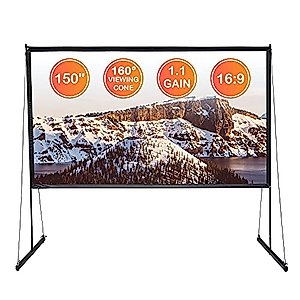 150" PVC Diagonal Portable Detachable Projector Screen with Stand - Detachable 160 Degree Wide Viewing 1.1 Gain & 16:9 Aspect Ratiosupports 2D 3D 4K HD Projection Outdoor Open-air Movie (150")