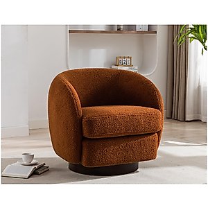 obmedin Swivel Accent Barrel Armchair with Wood Base Round Boucle Modern Upholstered Accent Chair for Nursery Living Room Bedroom Nursery Club, Burnt Orange