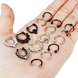 Hoeudjo Septum Clicker Rings 16G Surgical Steel Nose Hoop Rings Retainer Body Piercing Jewelry with Clear CZ Women Men Skull Daith Helix Tragus Lip Cartilage Earrings 16 Pieces Silver Black