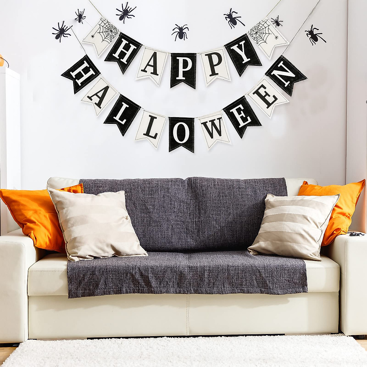 Whaline 2Pcs Happy Halloween Burlap Banner White Black Halloween Party Banner Holiday Hanging Bunting Garland Sign for Halloween Party Supplies Fireplace Wall Porch Decors Photo Prop