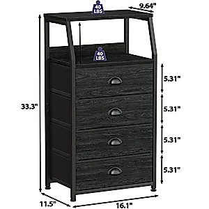 Furnulem Tall 4 Drawers Dresser, Vertical Storage Tower Black Dresser for Bedroom, Hallway, Entryway, Nursery, Closet Organizer, Nightstand Bedside Table Furniture, Sturdy Steel Frame, Wood Top