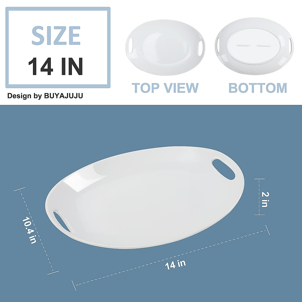 Buyajuju Porcelain Serving Platter with Handles, 14" Serving Dishes for Entertaining, Oval Serving Tray for Salad, Stew, Fruits and Pasta, Set of 2, White