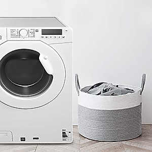 YOUDENOVA Cotton Rope Woven Laundry Basket, 70L Large Dirty Clothes Hamper with Handles for Bedroom, Bathroom, Nursery (Grey & White)