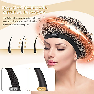 Flaxseed Deep Conditioning Heat Cap - Boloye Cordless 100% Safe Microwave Hot Cap for Natural Curly Textured Hair Care, Drying, Styling, Curling, Universal size (10 PCS One-time shower cap) (Leopard)