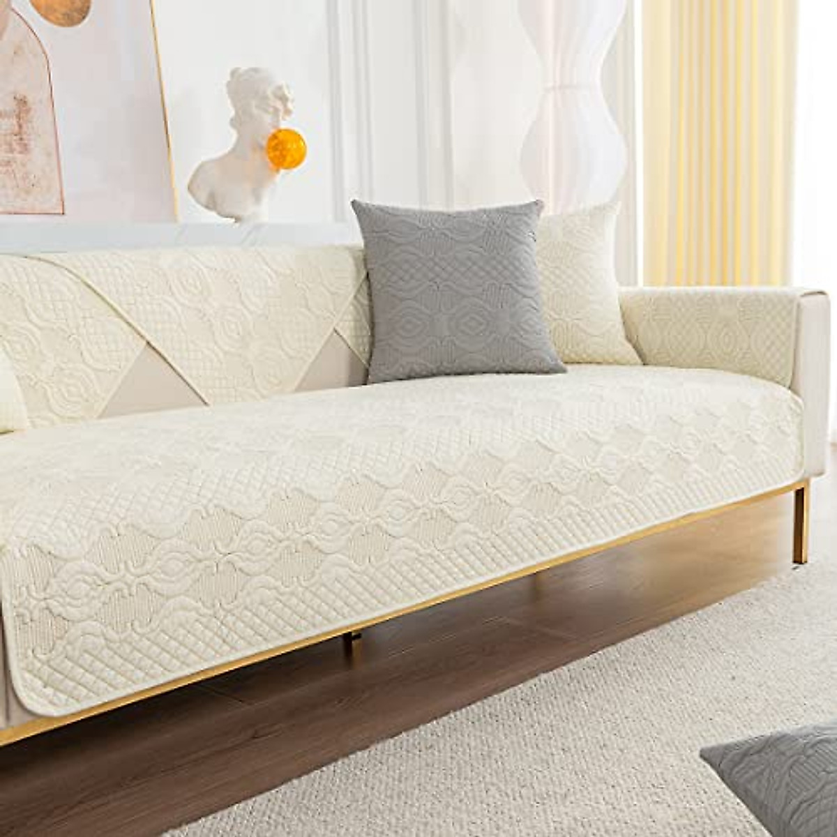 vctops Vintage Embroidered Cotton Sofa Couch Covers Soft Quilted Sectional Couch Cover Non Slip Sofa Slipcover for Dogs, Children, Pets Furniture Protector (Cream,36"x82")