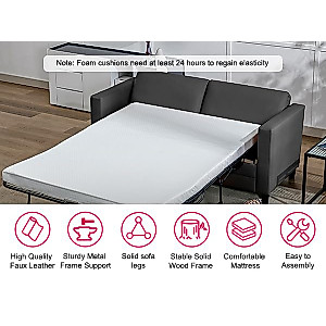 MUZZ Pull Out Couch Queen, Modern Leather Sleeper Sofa Bed with Foldable Foam Matress, 2 in 1 Pull Out Sofa Bed for Living Room, Apartment, Office (Queen/Grey)