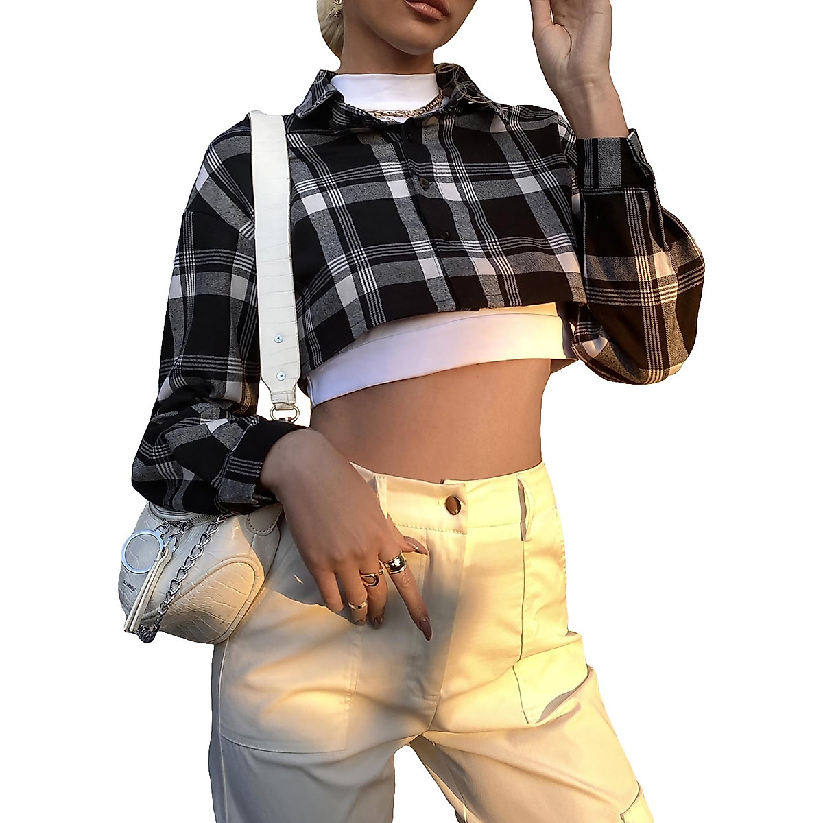 Floerns Women's Long Sleeve Collar Button Down Plaid Crop Top Blouse Black and White M