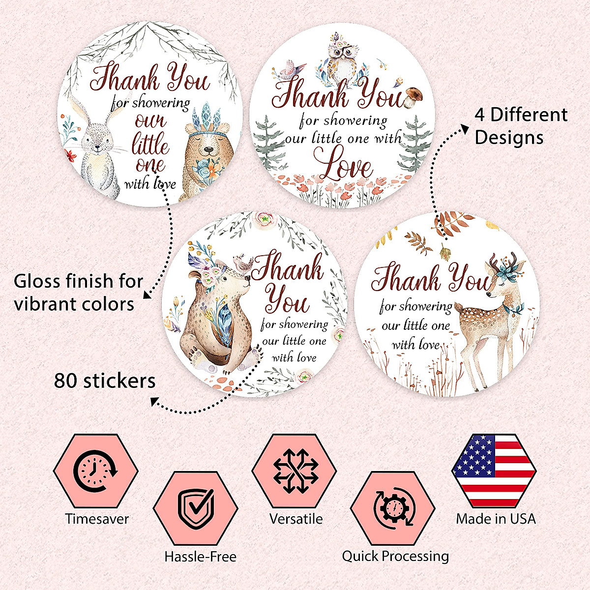 Thank You Baby Shower Stickers - Set of 80 Thank You for Coming Stickers, Preprinted Bridal Shower stickers, Birthday Party Favor Sticker, Self Adhesive Flat Sheet 2 Inch Round Labels LemonTheme Party (Woodland)