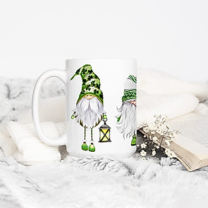 St Patricks Day Irish Gnomes Coffee Mug, Lucky Green Shamrock Tea Cup, Gift for Her Mom Friend (15oz)