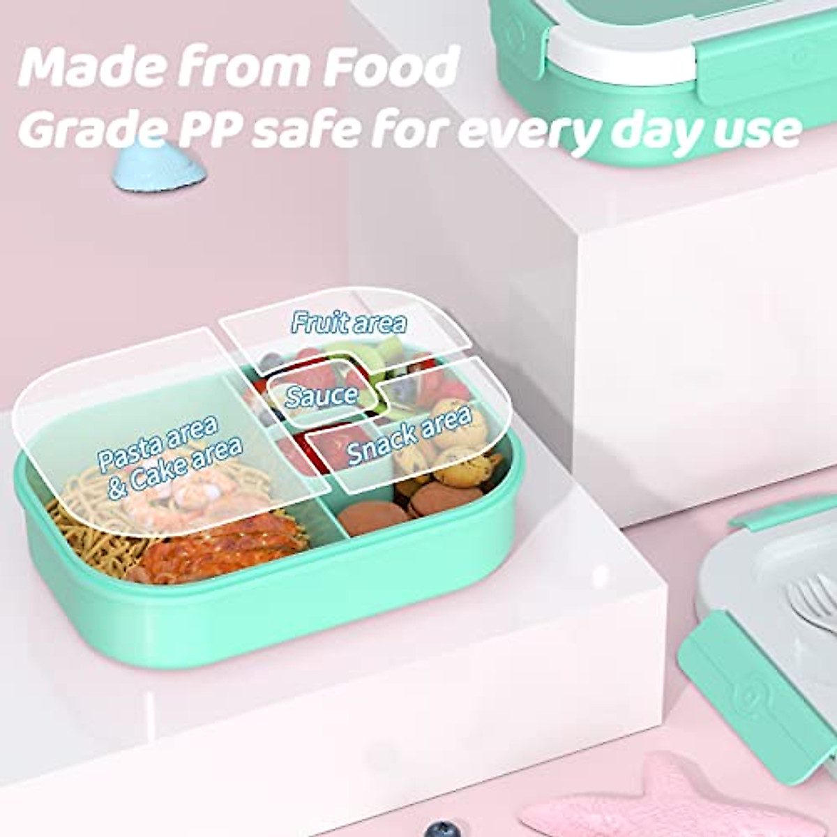 RGNEIN Bento Box Adult Lunch Box, 1300 ML 4-Compartment Bento Lunch Box for Kids, No BPA, Lunch Containers for Adults Come with Fork and Spoon, Leak Proof, Microwaveable, Dishwasherable (Green)