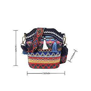 IAMUHI Lovely Small Straw Bucket Phone Purse Handwoven Bohemian Fringed Crossbody Beach Bag Mini Hobo Handbags for Women/Girls,Navy Blue