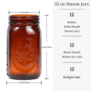 Yodecy 12 Pack 32 oz Amber Wide Mouth Mason Jars with Airtight Lids and Black Plastic Mason Jar Lids, Amber Canning Jars with Lids