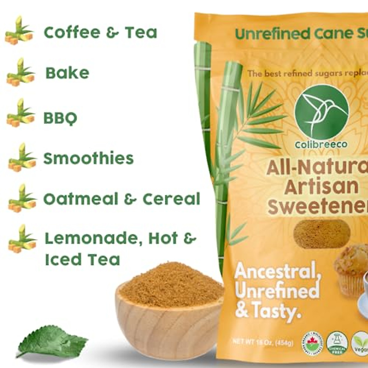 Colibreeco, Unrefined Cane Sugar, 1 Pound (Pack of 1): Sweeten your Drinks and Recipes With Powder Organic Cane Sugar, Naturally Sweet and Chemical-Free, Panela, Piloncillo, Jaggery, Raw Sugar.