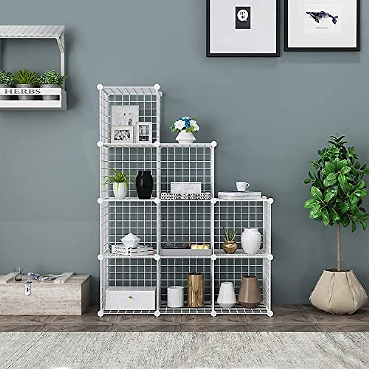 C&AHOME Wire Cube Storage, 9-Cube Organizer Metal, Wire C Grids Storage, Storage Bins Shelf, Modular Bookshelf, Closet Cabinet Ideal for Home, Living Room, Office 36.6”L x 12.4”W x 48.4”H White