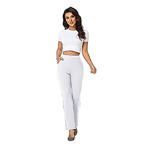 Agenlulu High Waisted Dress Pants for Women Bootcut Elastic Waist Pull On Work Slacks for Women Business Casual Yoga (White)