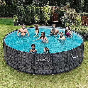 Funsicle 16' x 48" Oasis Designer Round Frame Outdoor Above Ground Swimming Pool Set with SkimmerPlus Filter Pump and Pool Cover, Dark Herringbone