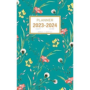 Planner July 2023-2024 June: 5x8 Weekly and Monthly Organizer Small | Watercolor Natural Wildflower Design Teal