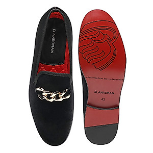 ELANROMAN Men's Velvet Loafers Fashion Gold Chain Penny Slip on Party Wedding Prom Shoes Black US 7