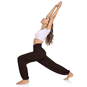 UEU Women's Harem Casual Loose Pants Yoga Sweatpants Flowy High Waisted Lounge Comfy Pajama Joggers with Pockets DarkCoffee L