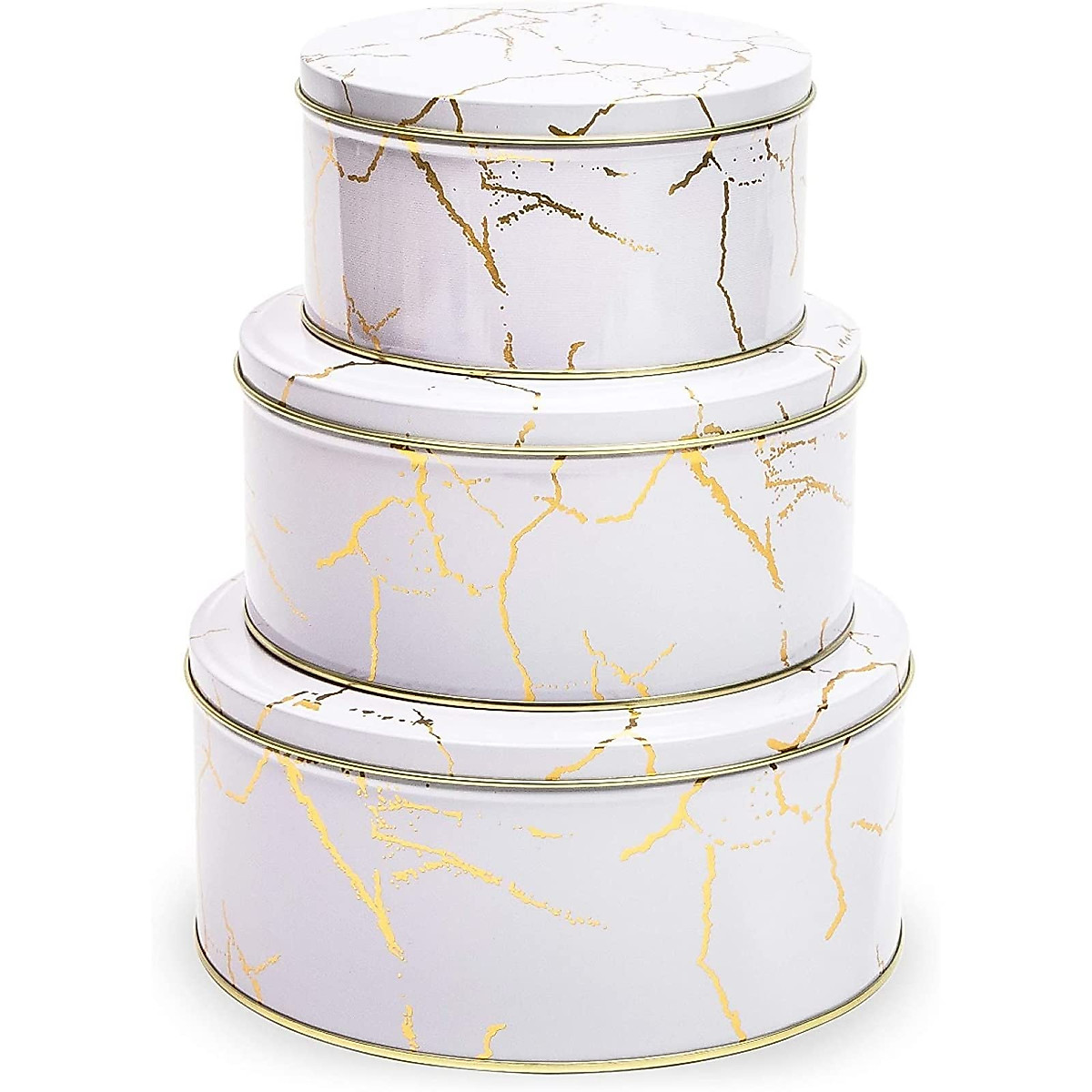 Juvale Nesting Tins Set, White Marble Canisters with Lids, Gold Print (3 Sizes)