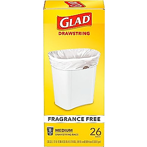 Glad Medium Drawstring Trash Bags, 8 Gallon, White, Fragrance Free, 26 Count, Pack May Vary