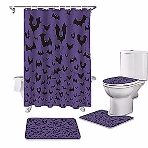 Halloween Scene 4 PCS Shower Curtain Sets, Shower Curtains with Plastic Hooks, Anti-Skid Rugs, Toilet Lid Cover and Soft Bath Mat, for Bathroom Decor Set Flock of Bats Silhouette Purple Style