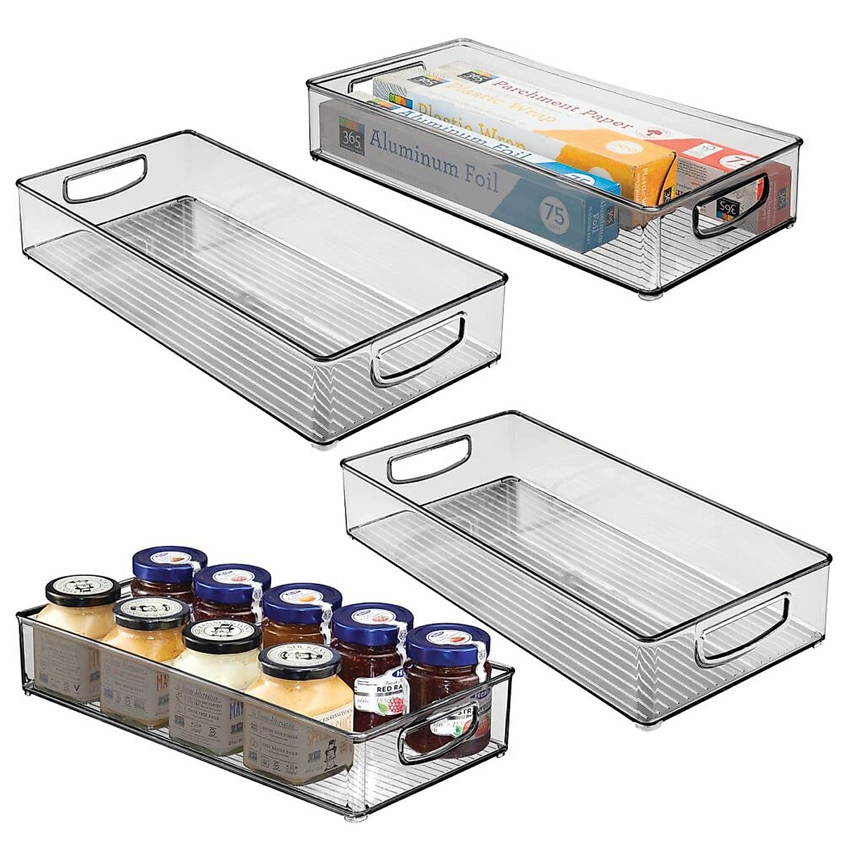 mDesign Plastic Stackable Kitchen Pantry Cabinet, Refrigerator or Freezer Food Storage Bin with Handles - Organizer for Fruit, Yogurt, Snacks, Pasta - BPA Free, 16" Long, 4 Pack - Smoke Gray