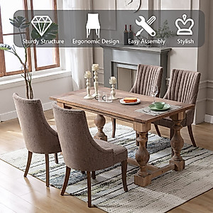 mikibama Linen Dining Chairs Set of 2 Channel Tufted Kitchen Dinner Chair Comfy Fabric Upholstered Accent Chair for Dining Room with Solid Wood Legs (Brown)