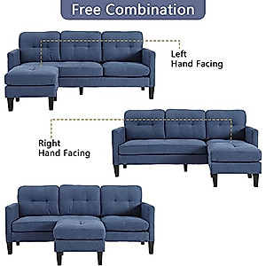 Grepatio Convertible Sectional Sofa Couch, L-Shaped Couch with Modern Linen Fabric for Small Space (Blue)